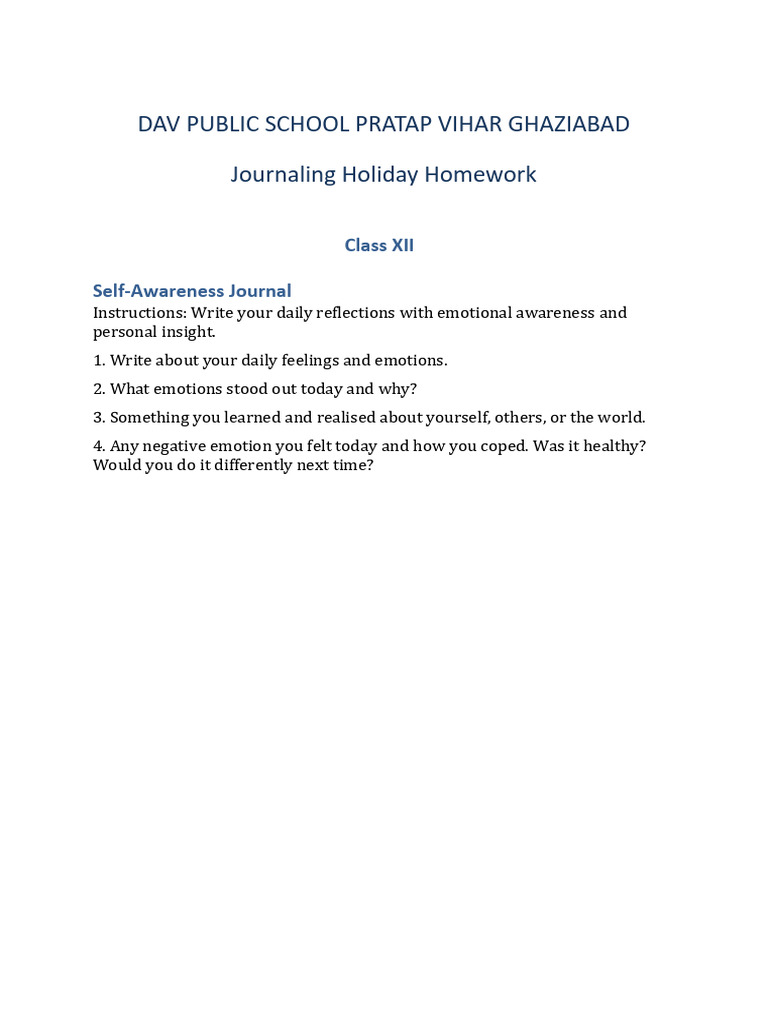 CLASS XII - Journaling Holiday Homework | PDF