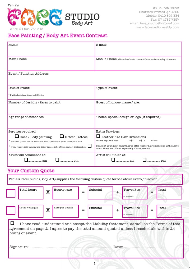 Face Painting Event Contract Template | PDF | Allergy | Fee