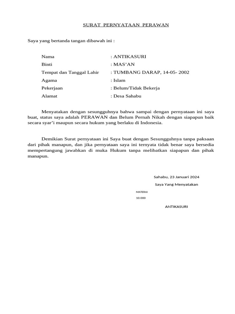 Surat Pernyataan Perawan | PDF