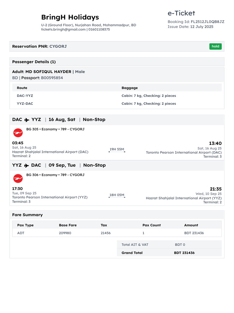 MR MD Sofiqul Hayder (Dac-Yyz-Dac 16 Aug - 09 Sep 1a) 12 July - Bringh Holidays | PDF | Aviation ...