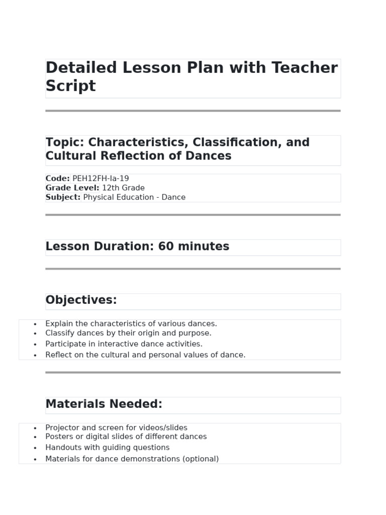 Dance Characteristics and Cultural Reflection | PDF | Dances | Lesson Plan