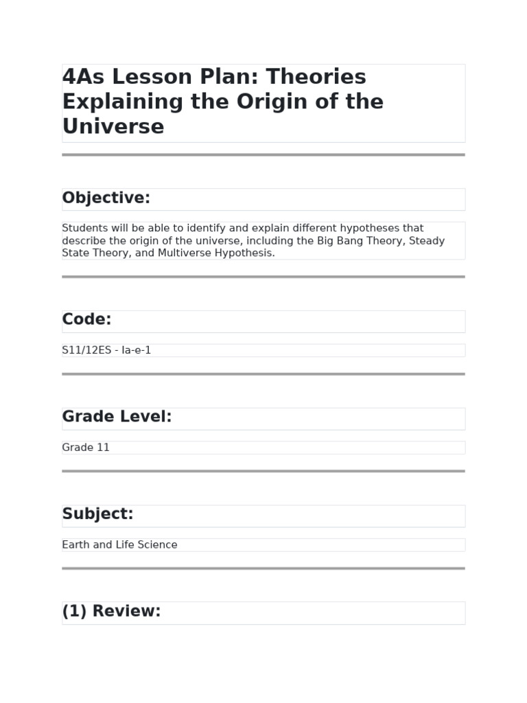 4as Lesson Plan: Theories Explaining The Origin of The Universe | PDF ...
