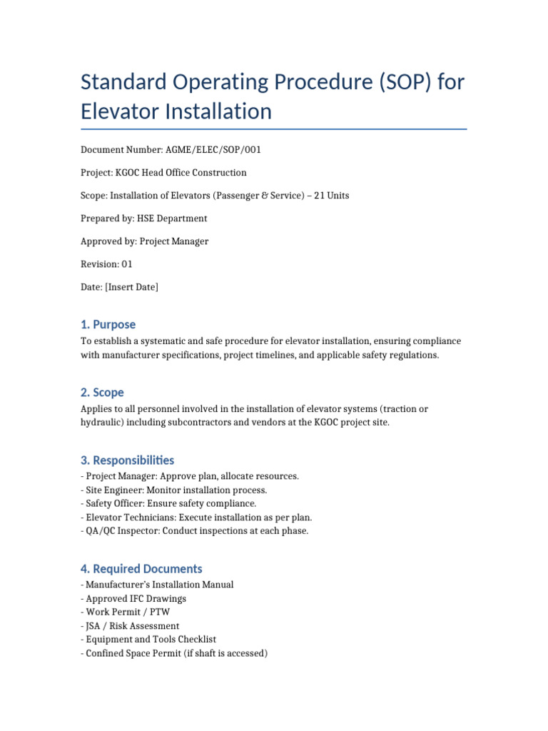 KGOC Elevator Installation SOP | PDF | Elevator | Safety