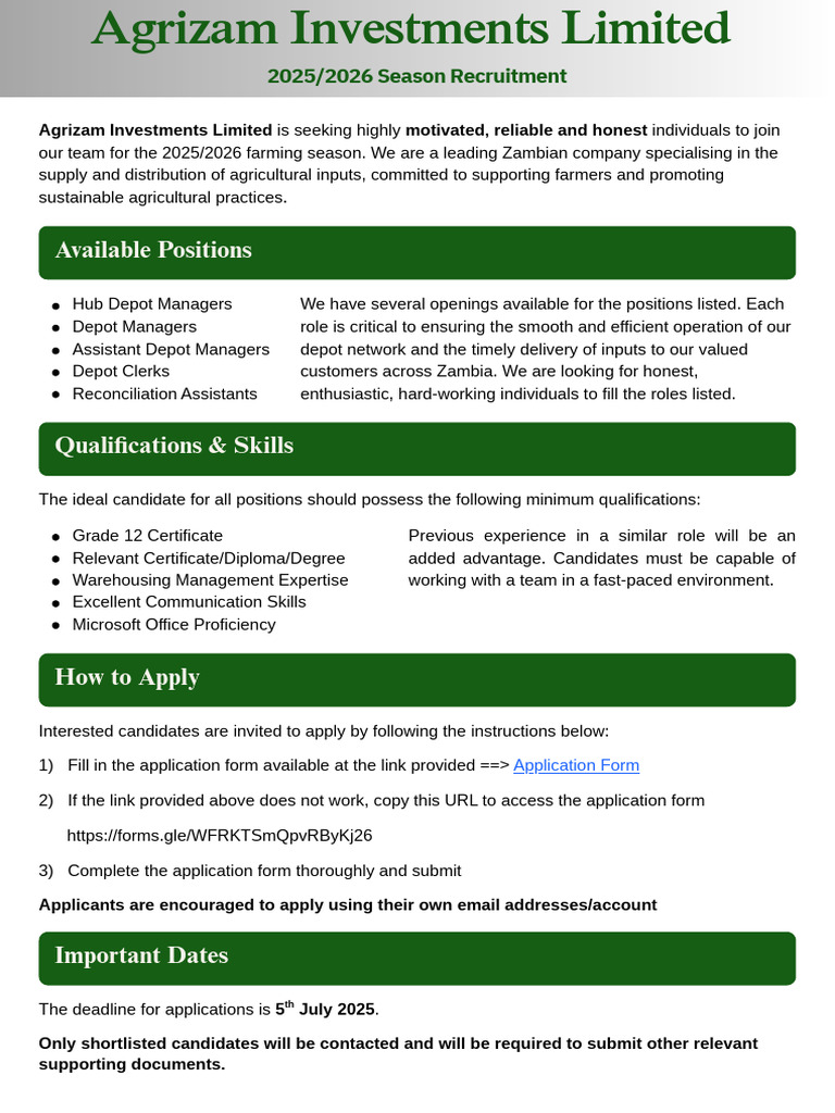 Agrizam 2025 Season Recruitment | PDF