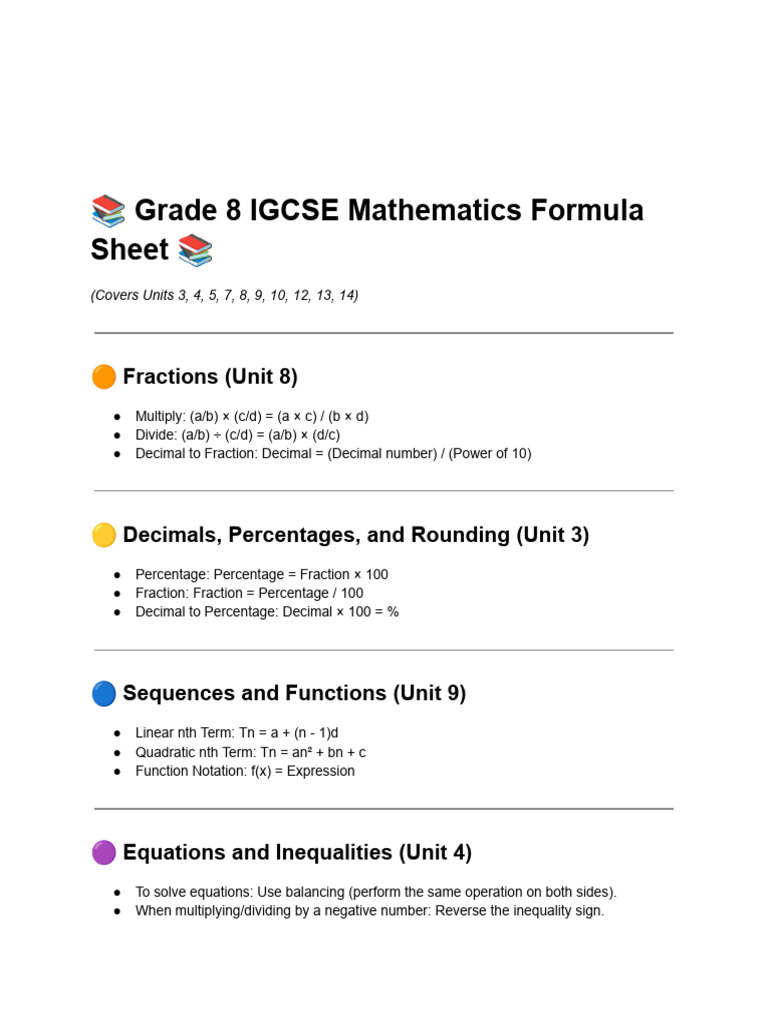 IGCSE Maths Formula Sheet 0580 | PDF