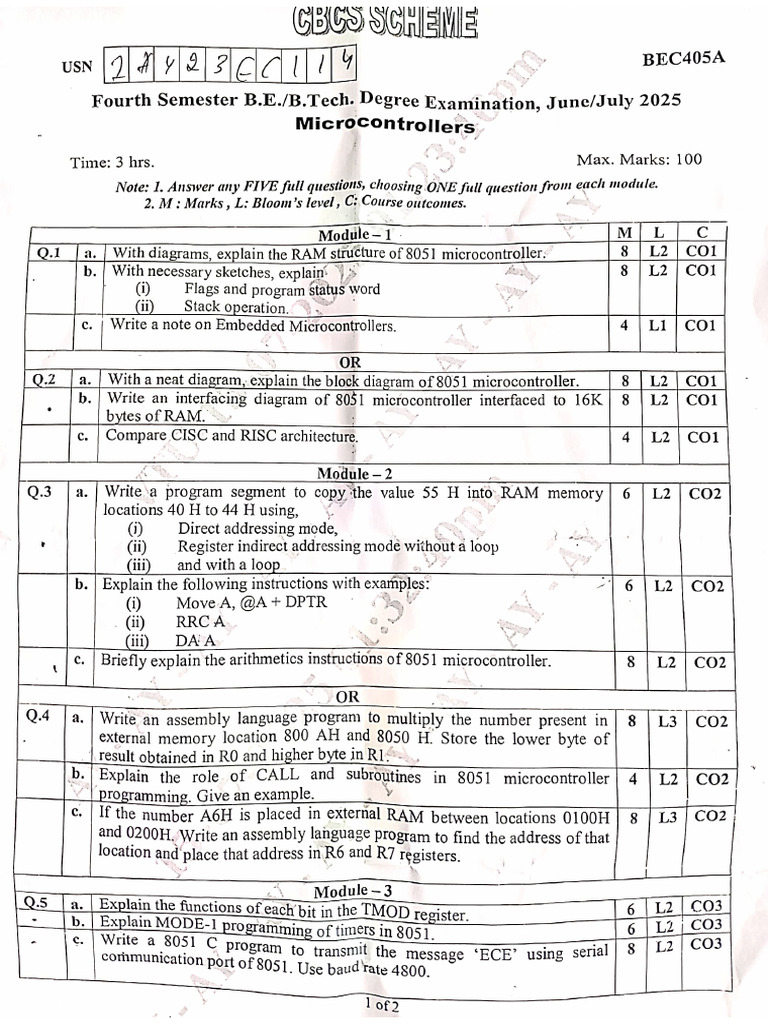 BEC405A Microcontrollers June 2025 Question Paper | PDF