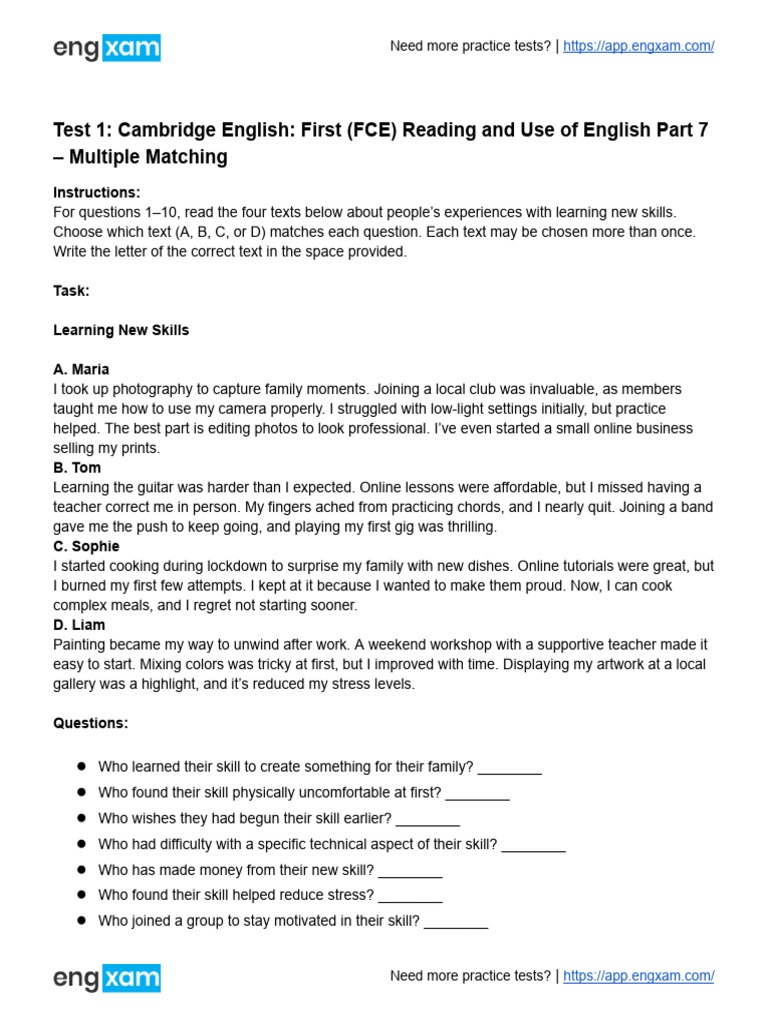 FCE Reading Part 7 Practice Test | PDF | Learning