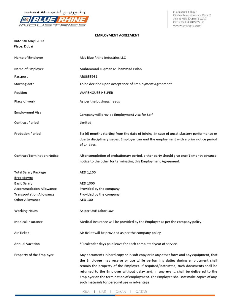 Employment Agreement for Warehouse Helper | PDF | Employment | Business