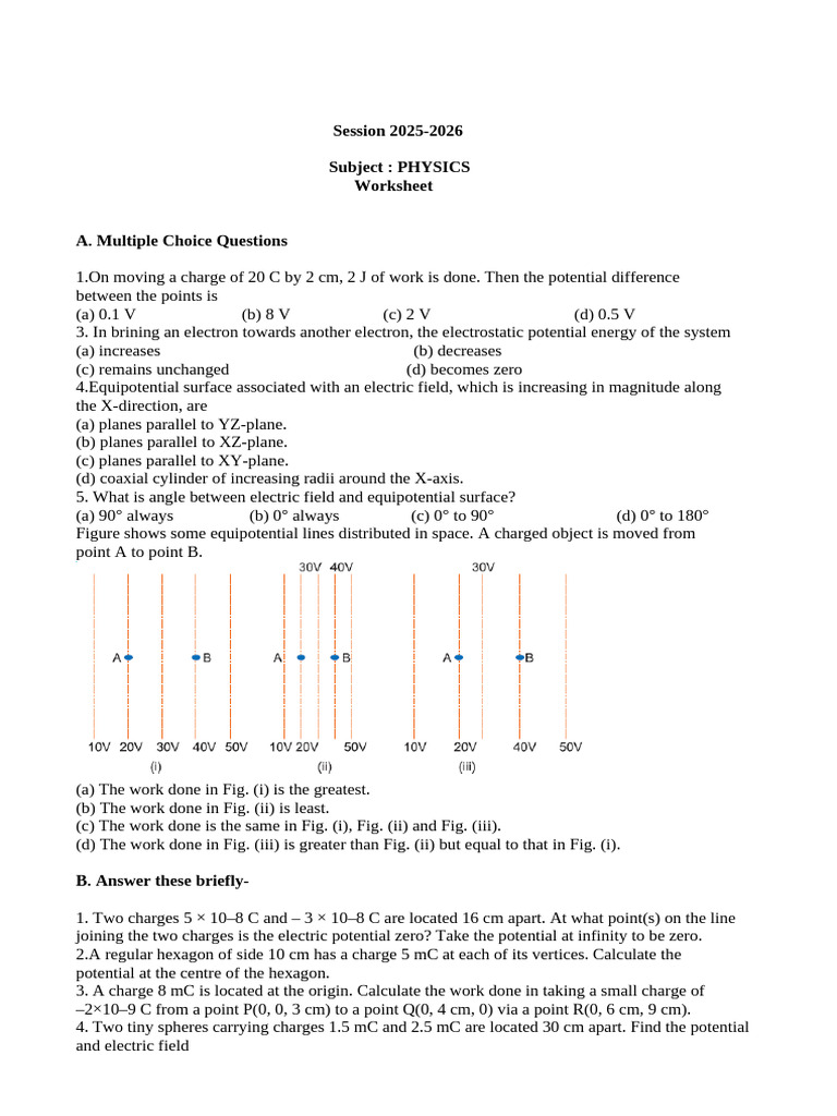 Worksheets 2.1 - Grade XII - PHYSICS | PDF | Electric Field | Physics