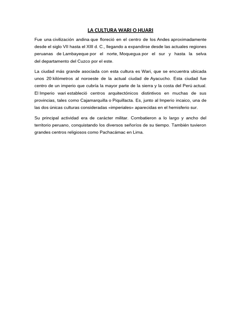 Cultura Wari: Imperio Andino y su Influencia | PDF