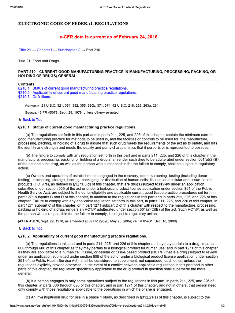 21 CFR Part 210 - ECFR - Code of Federal Regulations | PDF | Code Of ...
