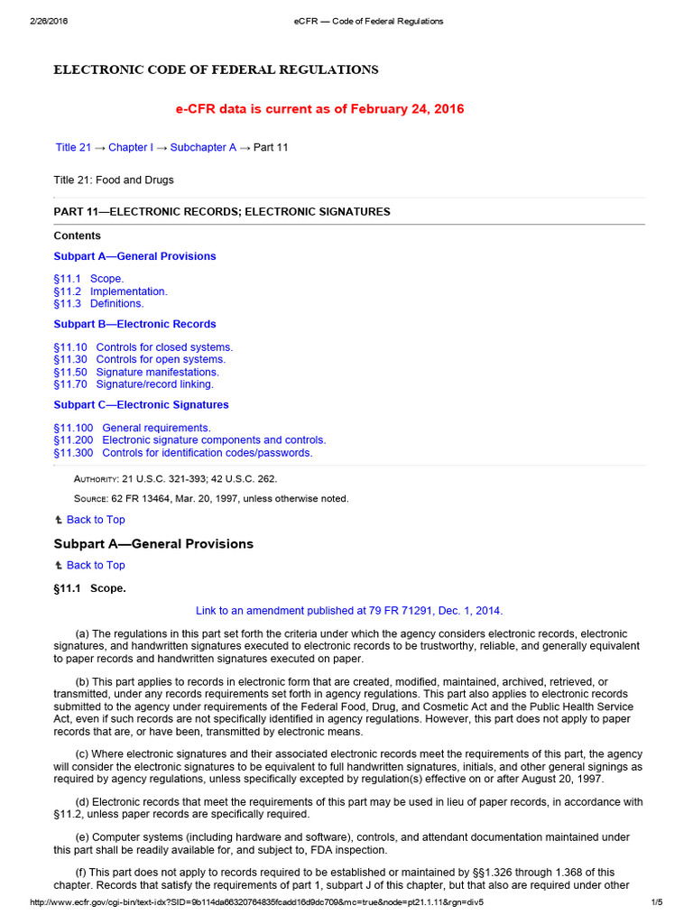 21 CFR Part 11 - ECFR - Code of Federal Regulations | PDF | Records ...
