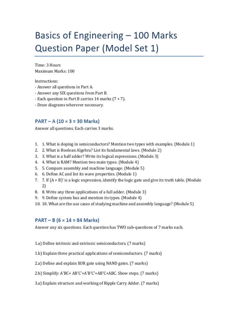 Basics of Engineering Model Paper 1 | PDF