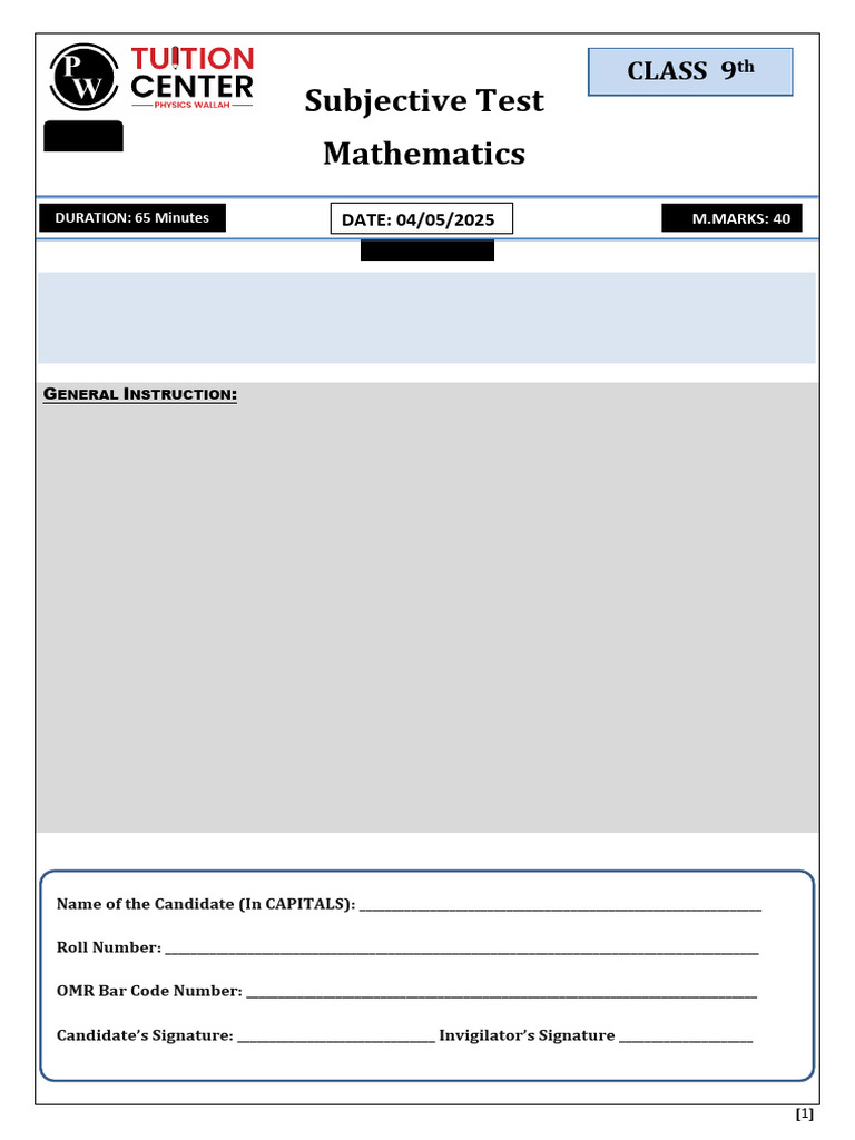 TC - Maths - Subjective Test - CBSE - Class 9th - Question | PDF ...