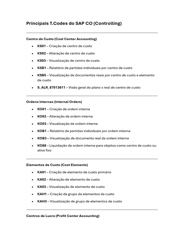Principais T.Codes SAP CO | PDF | Orçamento