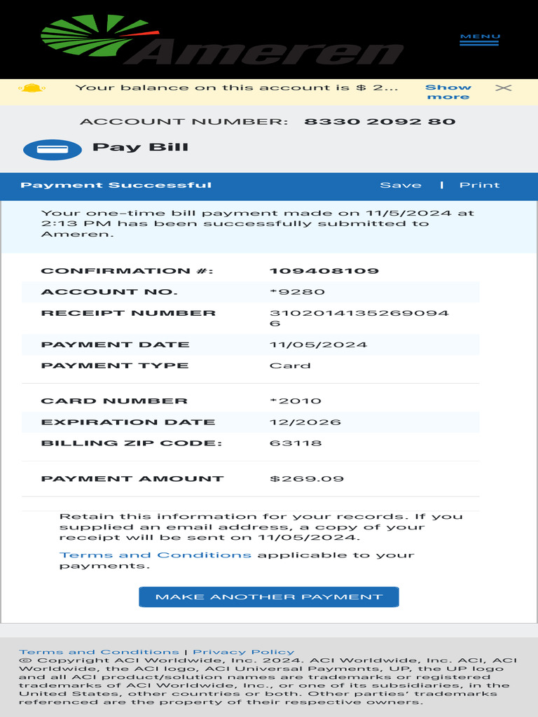 Successful Ameren Bill Payment Confirmation | PDF