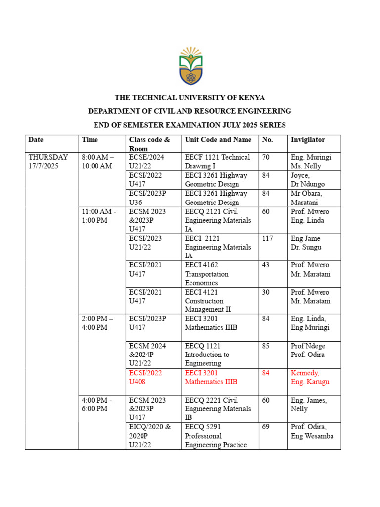 Changes On The Timetable in Red - 17-7-2025 | PDF | Science | Engineering