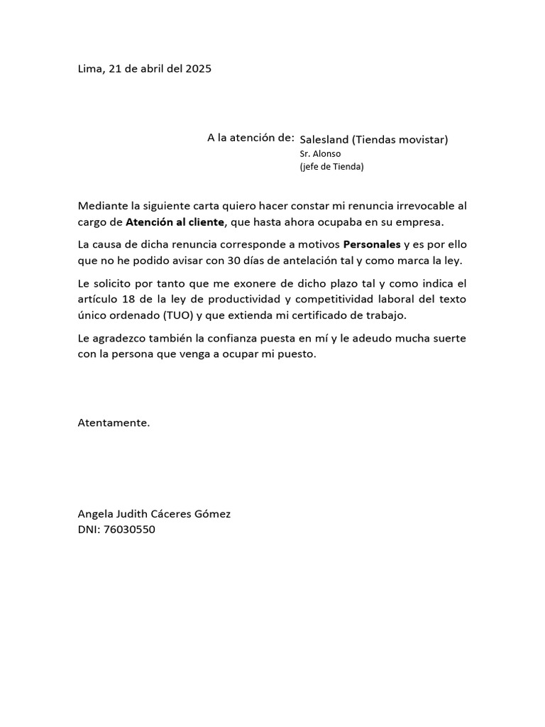 Renuncia Irrevocable de Angela Cáceres | PDF