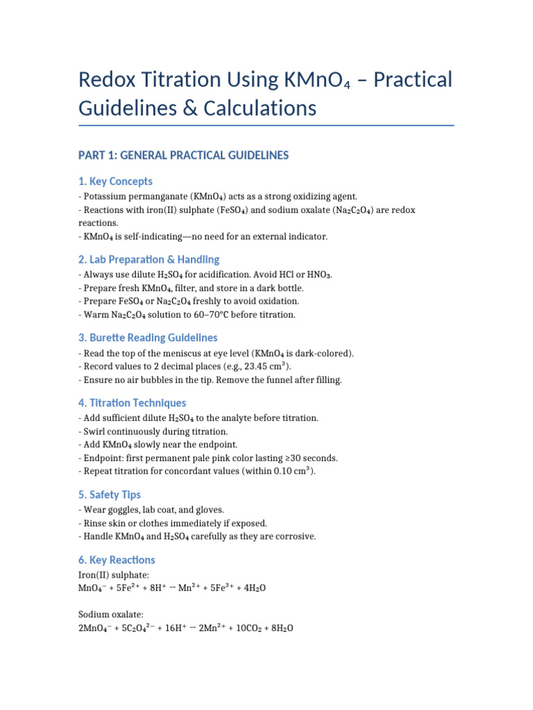 KMnO4 Redox Titration Guidelines and Calculations | PDF