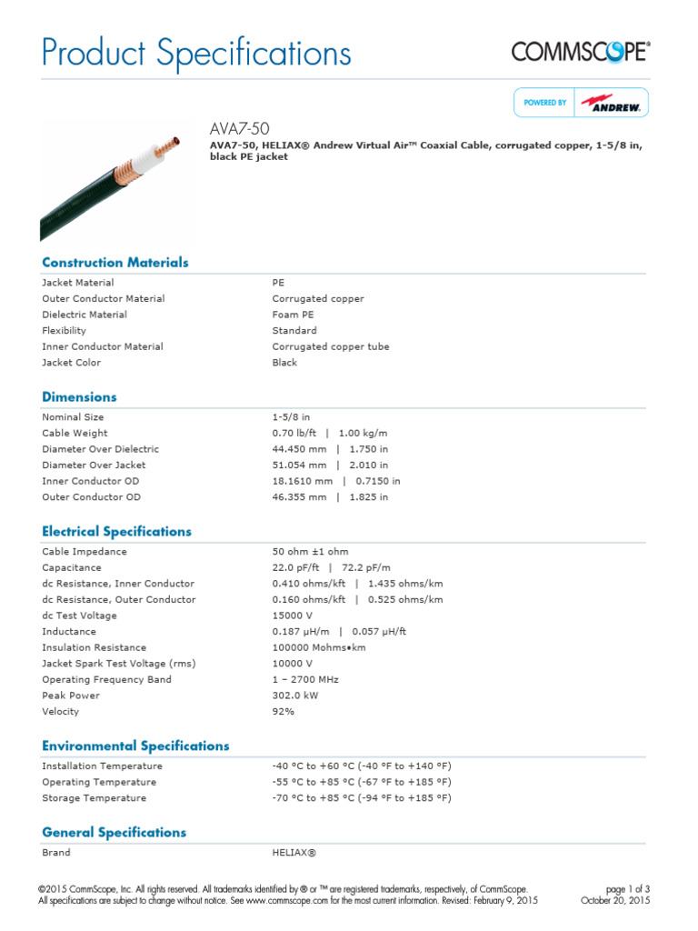 AVA7-50 Coaxial Cable Specifications | PDF | Coaxial Cable | Electrical ...