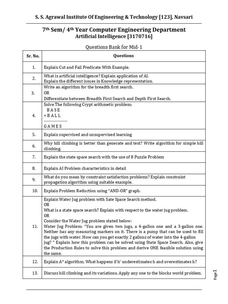 QuestionBank AI 3170716 Mid01 Sept2024 | PDF | Artificial Intelligence | Intelligence (AI ...