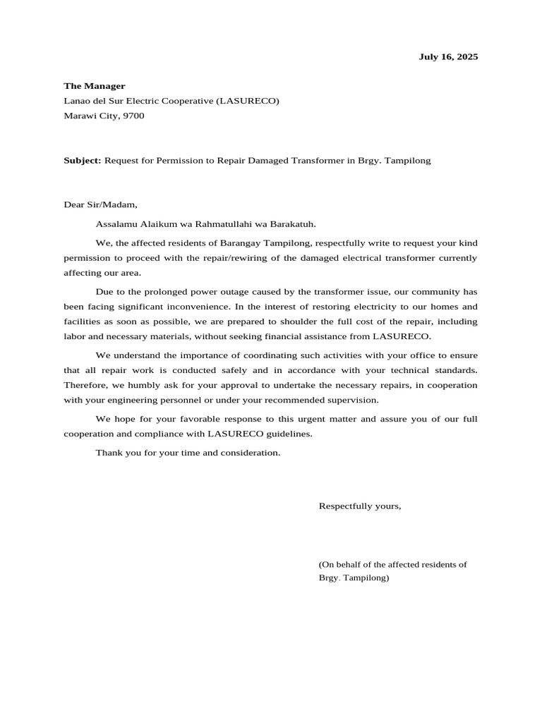 Request to Repair Transformer in Tampilong | PDF