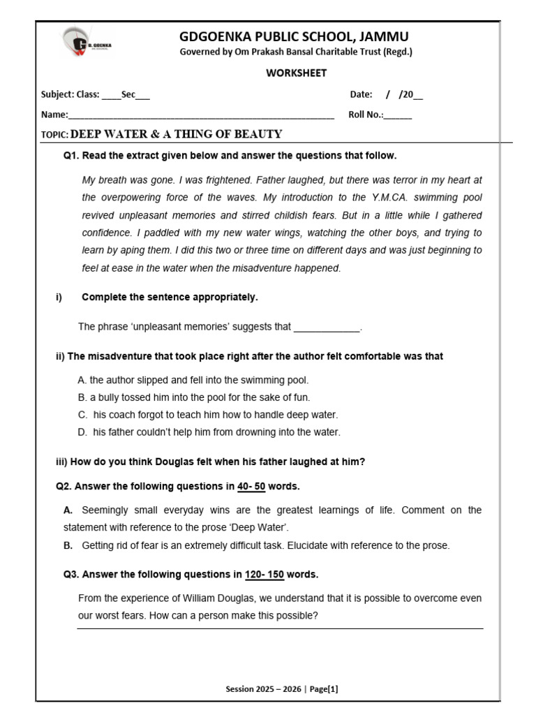 Deep Water & A Thing of Beauty Worksheet | PDF