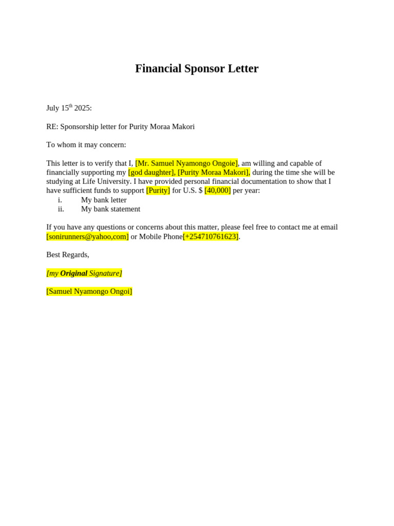 Financial Sponsor Letter | PDF