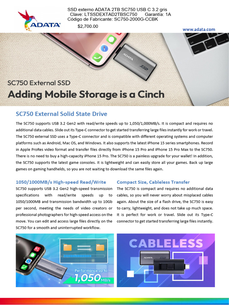 Datasheet Sc750 External Solid State Drive 20250609 | PDF | I Phone | Usb