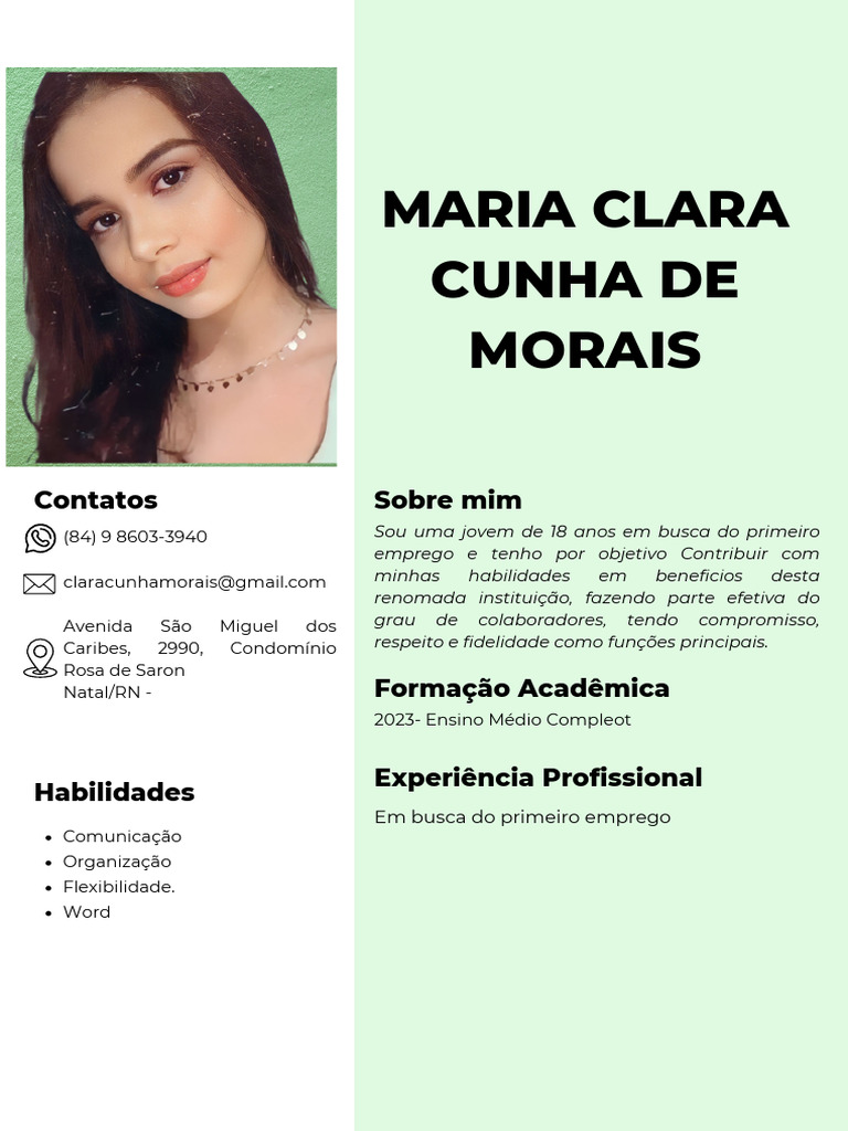 Currículo de Maria Clara Morais - Jovem em Busca de Emprego | PDF