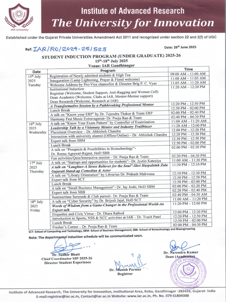 UG Student Induction Program IAR 2025 26 | PDF