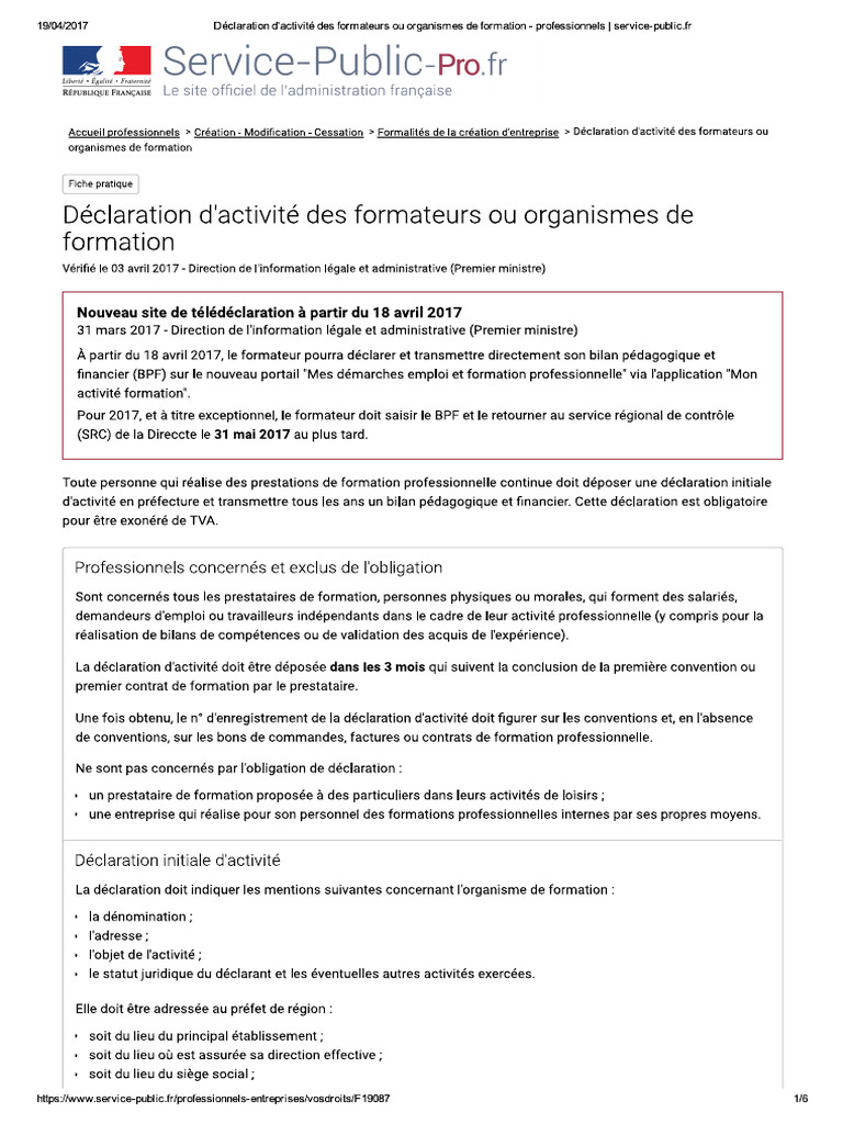 Déclaration Activité of | PDF
