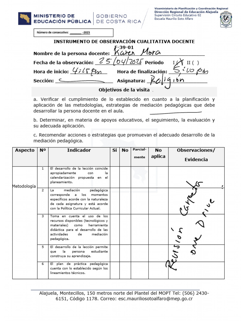 Hoja Visita Aula L y LL Ciclo - Karen Mora - 082719 | PDF | Salón de ...