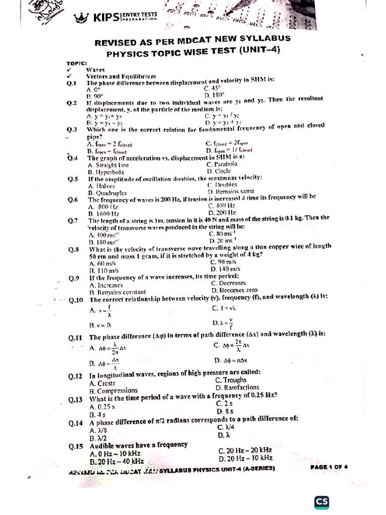 KIPS Physics Unit #4 Waves, SHM and Vectors | PDF