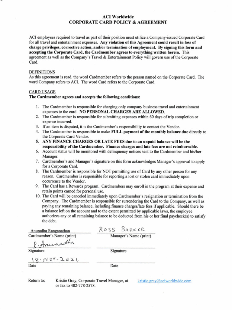 Corp Card Agreement | PDF