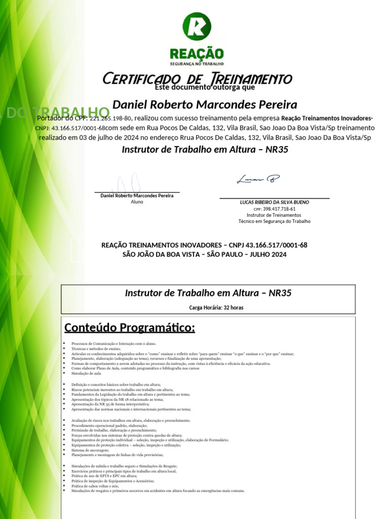 Certificado de Treinamento NR35 2024 | PDF