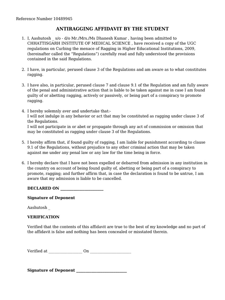 Anti Ragging Affidavit Form | PDF | Affidavit | Justice