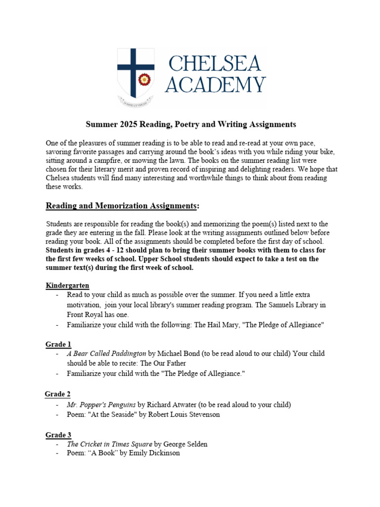 2025 Summer Reading, Poetry and Writing Assignments 4 - 0 | PDF | Books