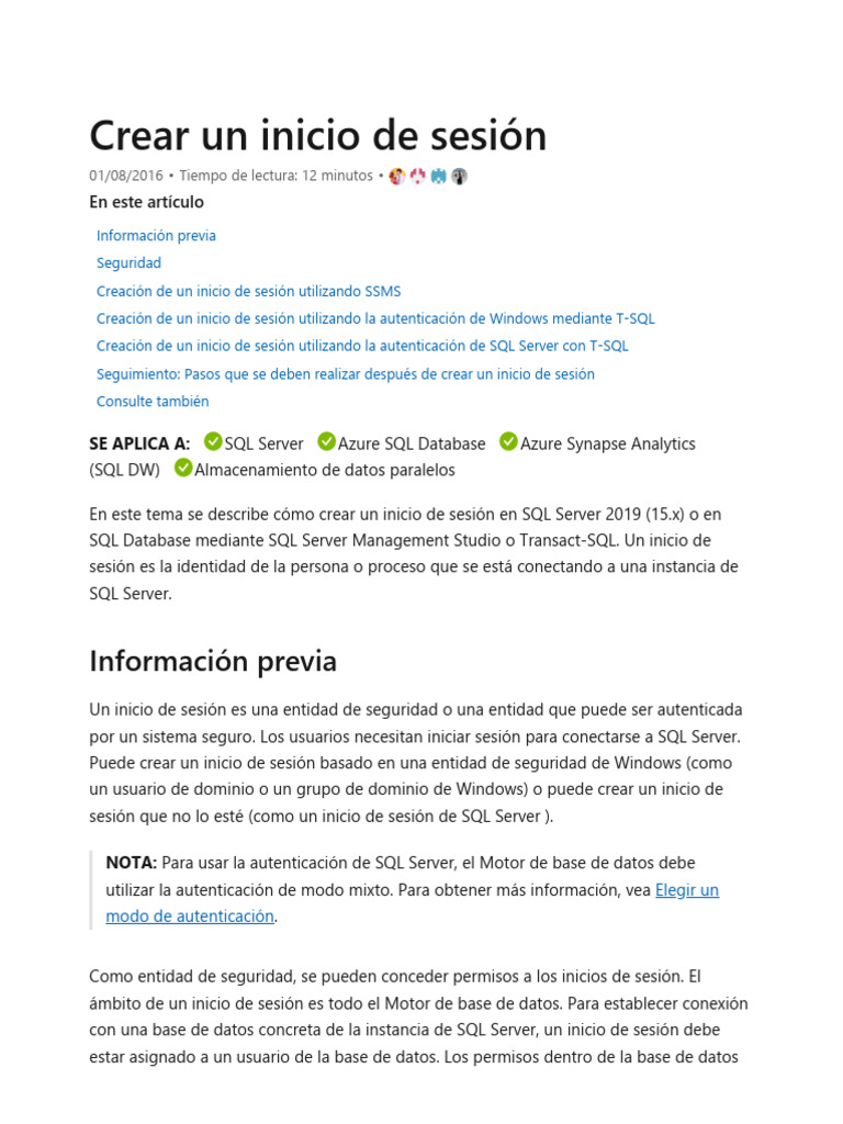Creación de Un Inicio de Sesión - SQL Server - Microsoft Docs | PDF | Servidor SQL de Microsoft ...