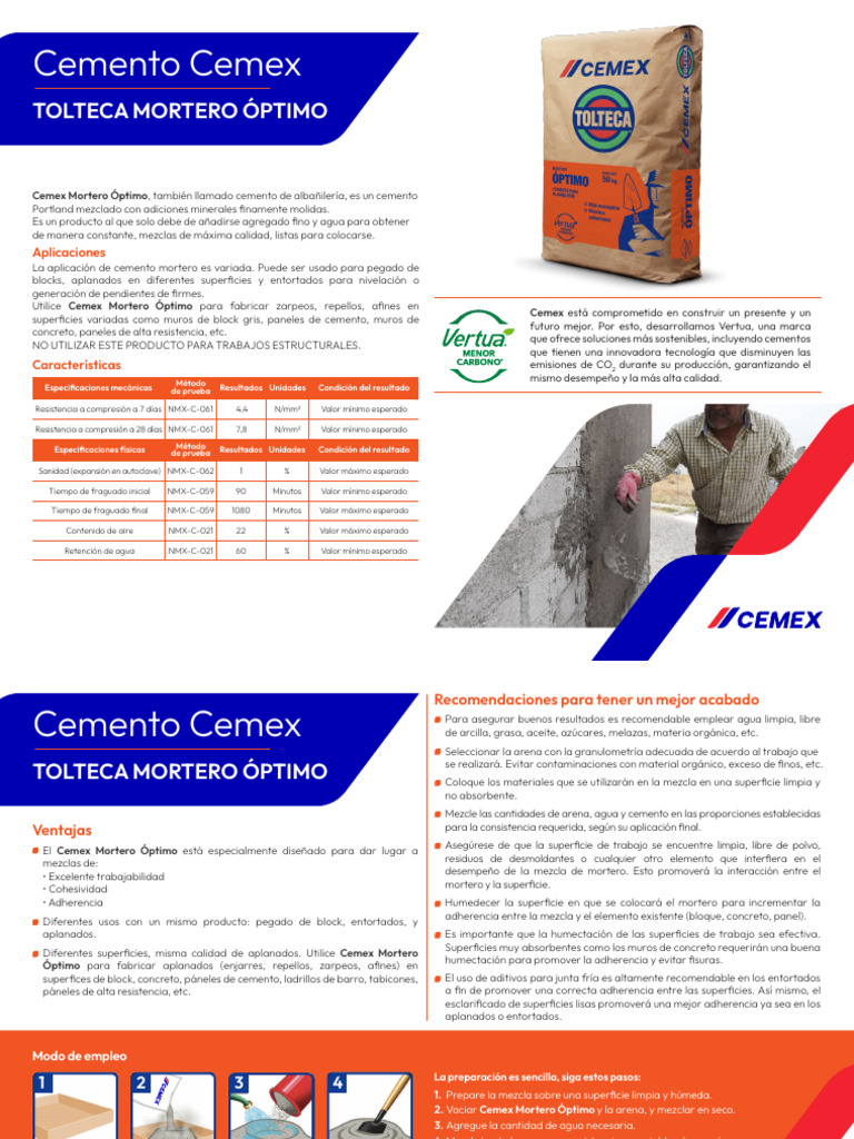 Dosificación de Mortero Cemex Óptimo | PDF | Hormigón | Cemento