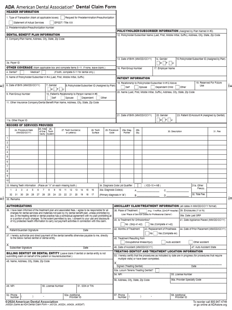 ADA Dental Claim Form 2024 | PDF | Dentistry | Dentist