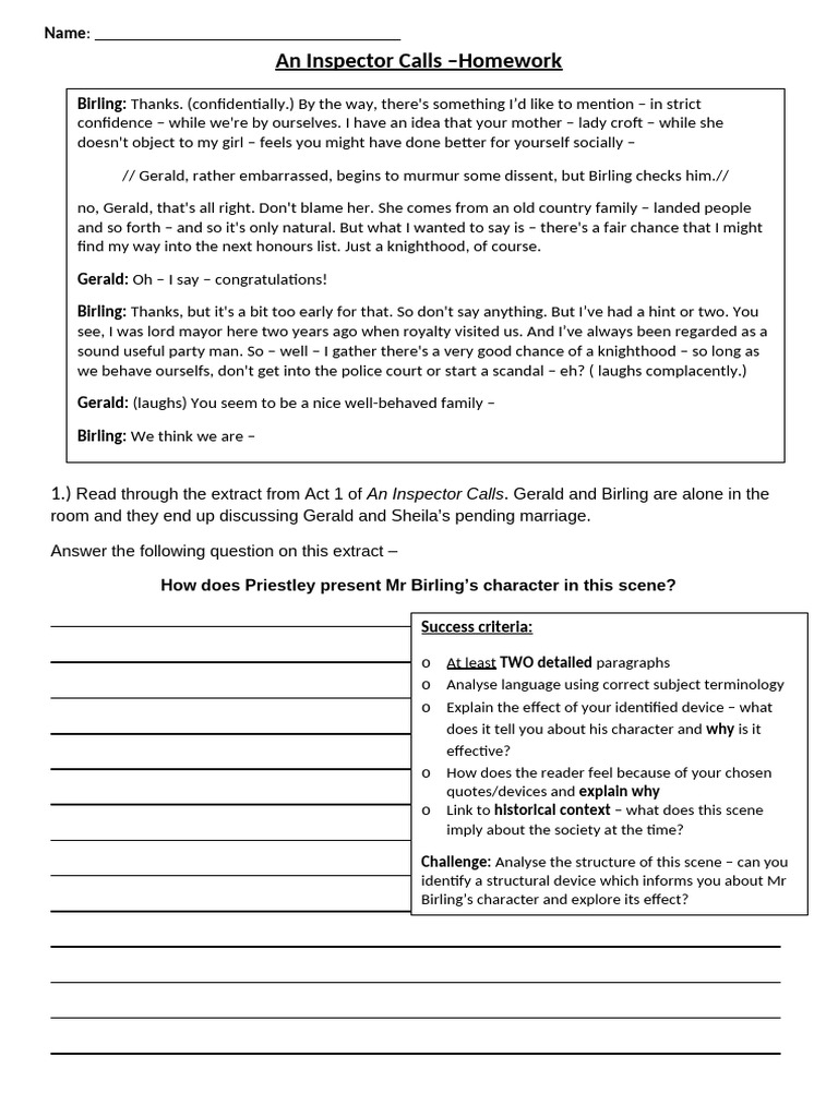 An Inspector Calls Homework 1 | PDF