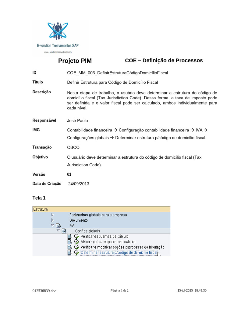COE MM 003 DefinirEstruturaCódigoDomicílioFiscal | PDF