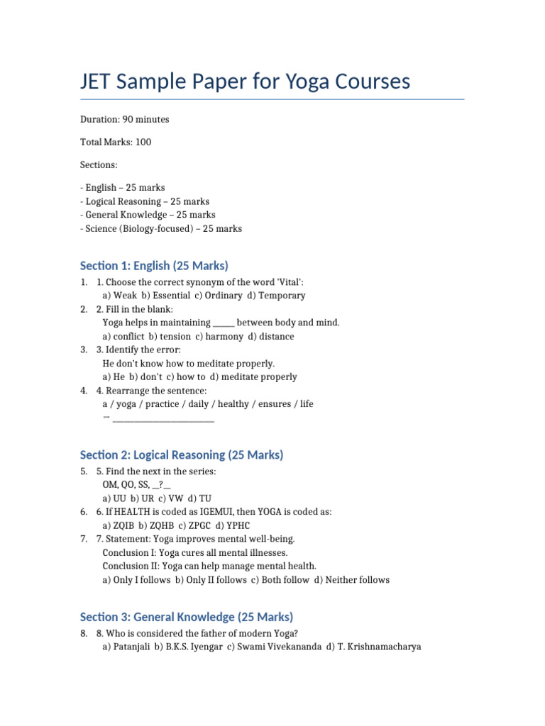 JET Sample Paper Yoga | PDF