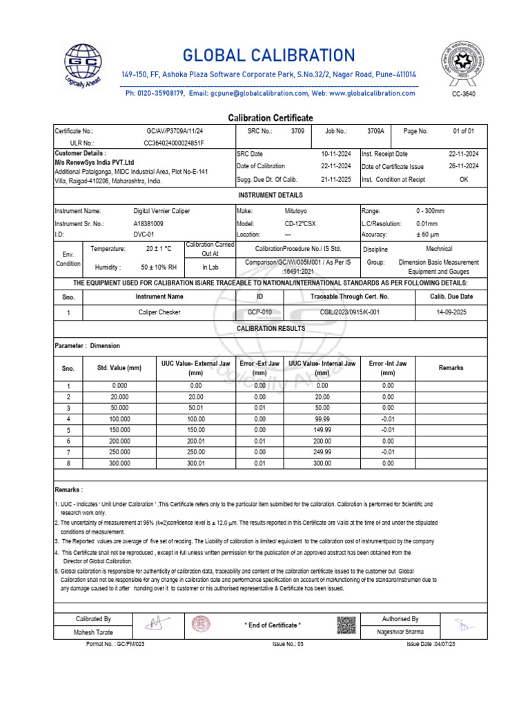 Calibration Certificate for Vernier Caliper | PDF | Calibration | Metrology