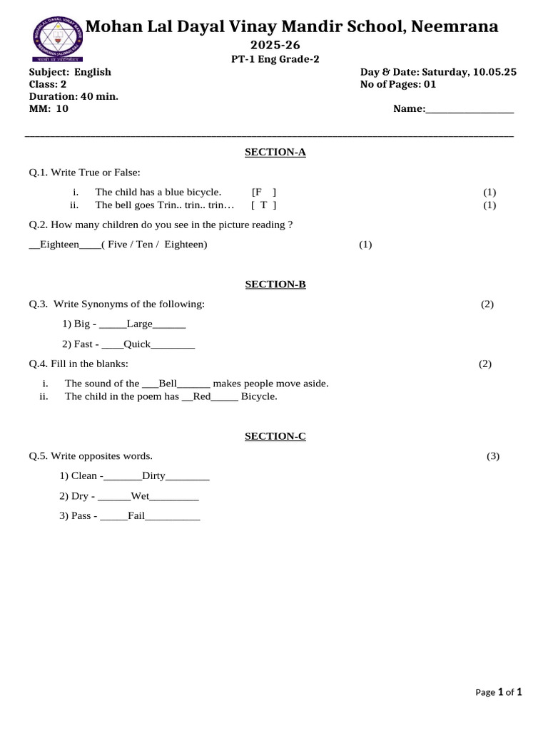 PT1EngGrade2 Set2 | PDF