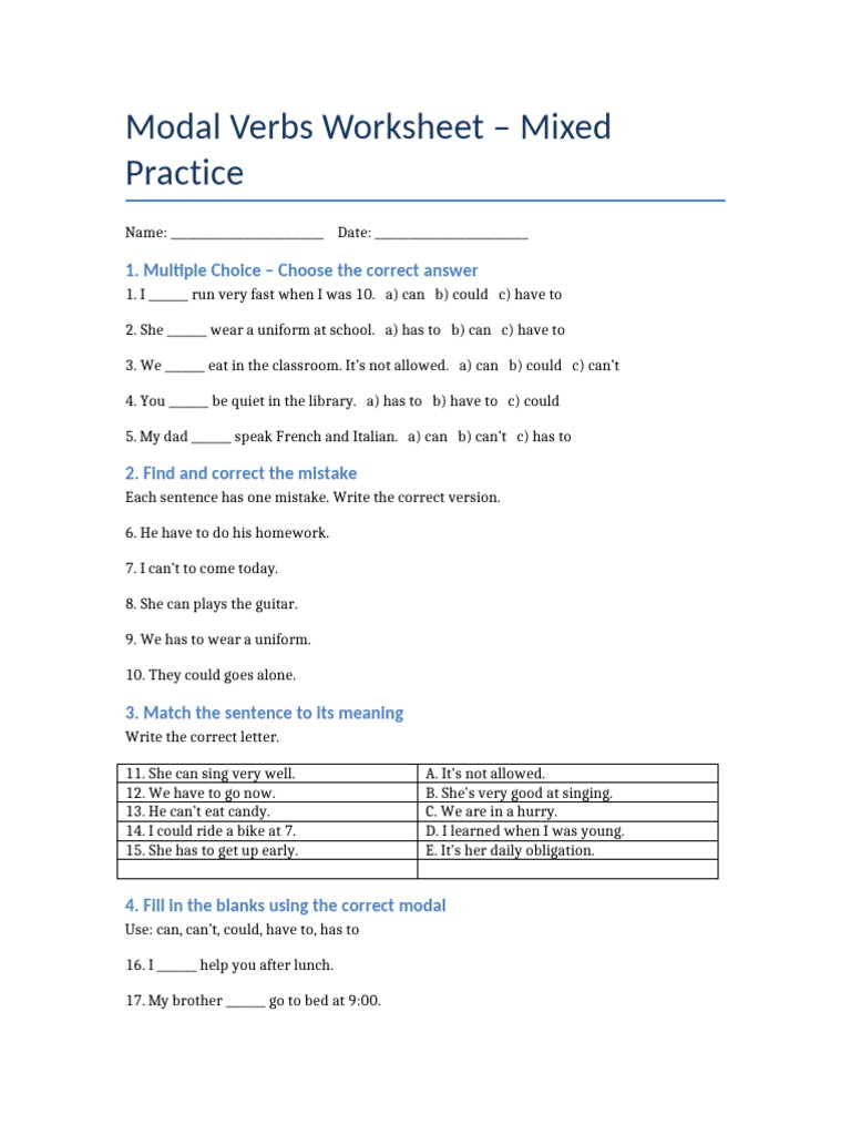 Modal Verbs Worksheet Mixed Practice | PDF