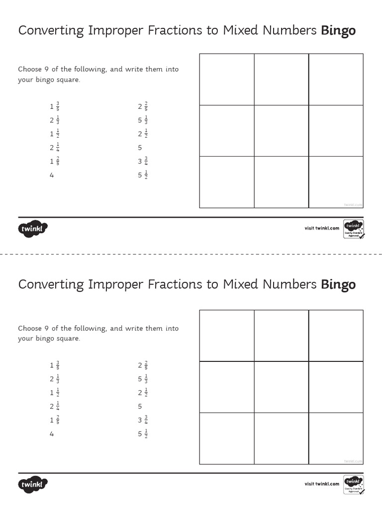 Converting Improper Fractions To Mixed Numbers Bingo | PDF