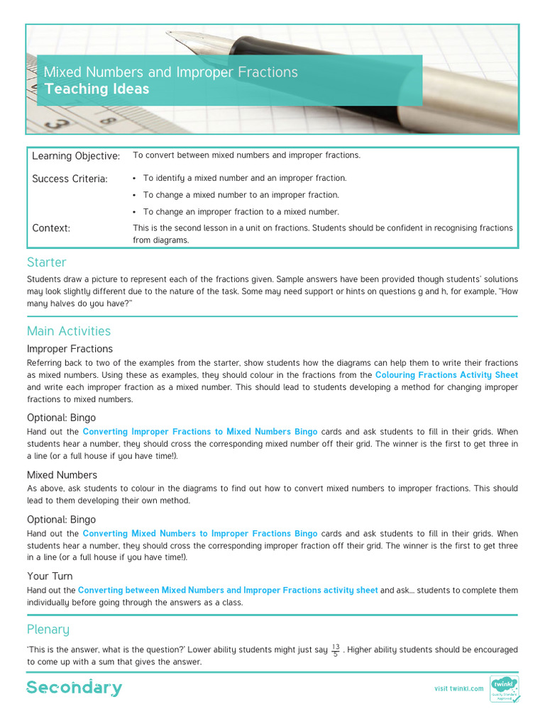 Mixed Numbers and Improper Fractions - Teaching Ideas | PDF | Division (Mathematics)