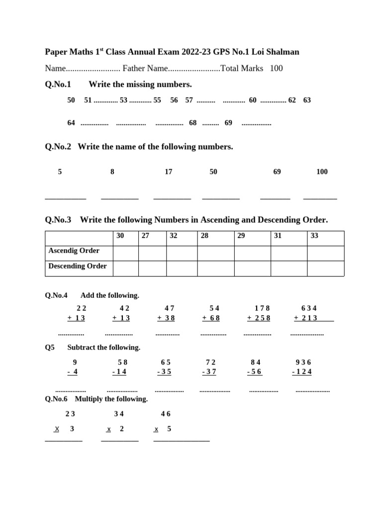 Class 1 Math Exam Paper 2022-23 | PDF